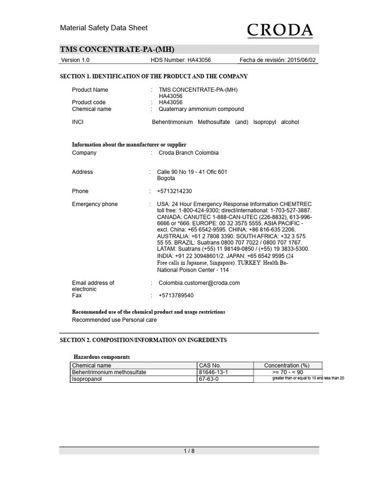 TMS Concentrate-PA-(MH) Safety Data Sheet | PDF | Toxicity ...