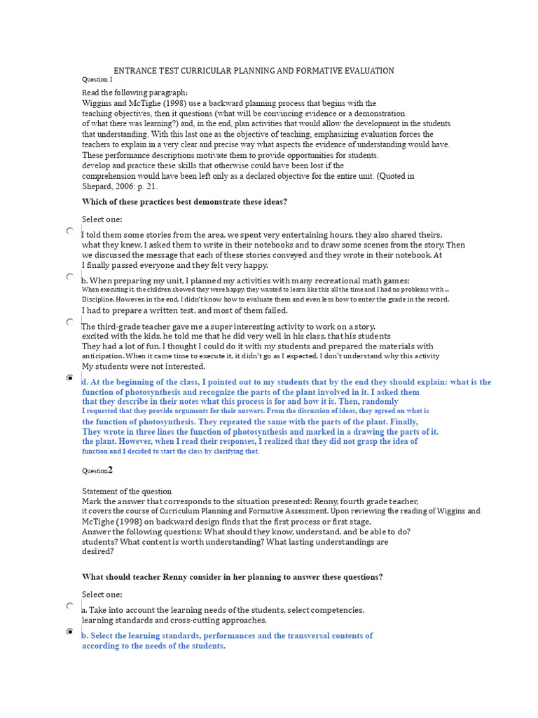 Entrance Test Curriculum Planning and Formative Evaluation | PDF ...