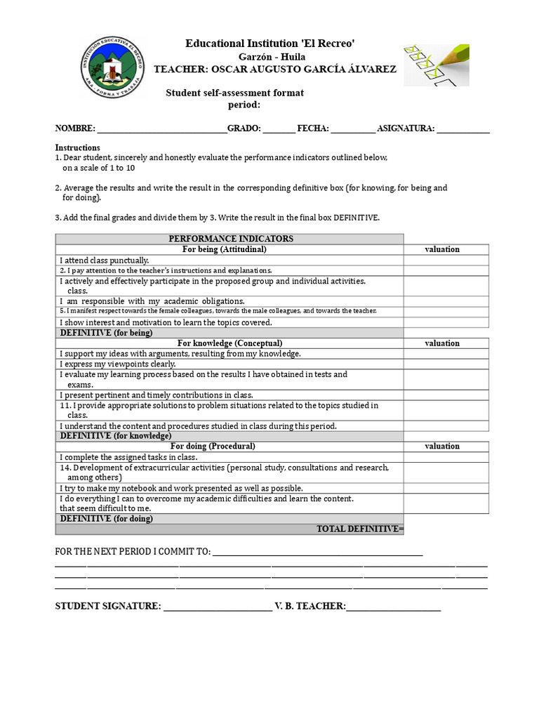 Student Self-Assessment Format | PDF | Teachers | Psychological Concepts