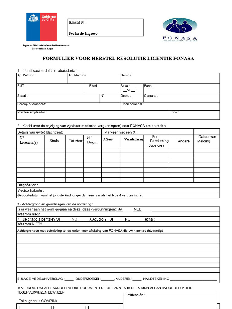 Formulier Herstel Herschrijving Fonasa | PDF