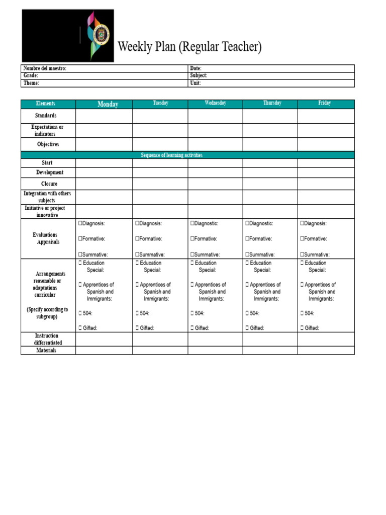 Weekly Teaching Plan Template | PDF | Intelligence | Education Theory