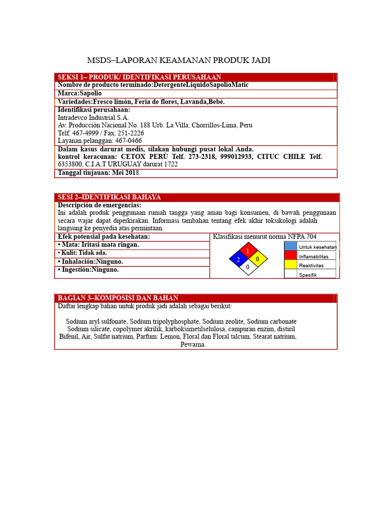 MSDS Detergent Liquid Sapolio Matic | PDF