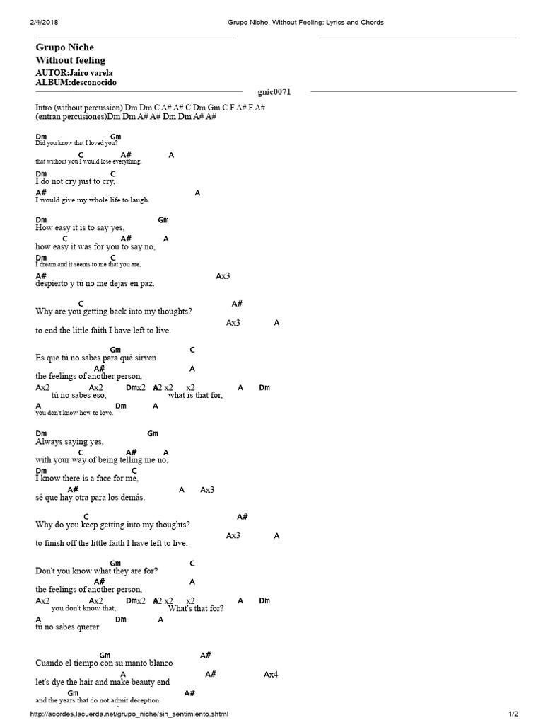 Niche Group, Without Feeling_ Lyrics and Chords | PDF