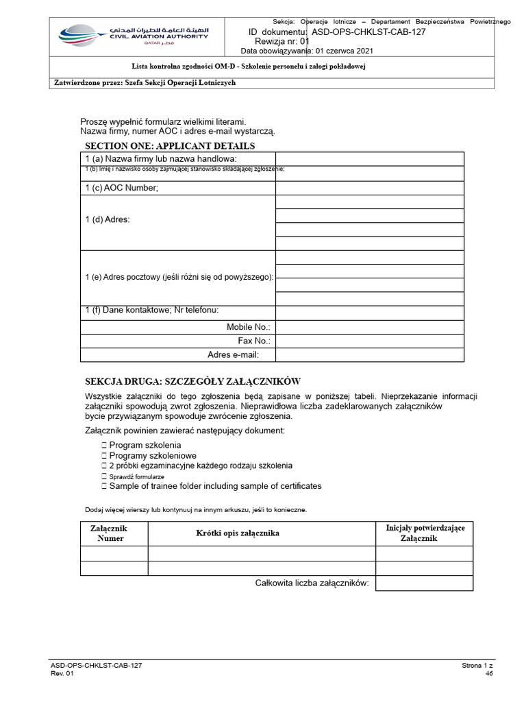 127 - ASD-OPS-CHKLST-CAB-127 - Lista Kontrolna Zgodności OM-D ...