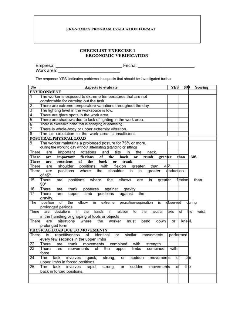 Ergonomics Program Evaluation Checklist | PDF | Anatomical Terms Of ...