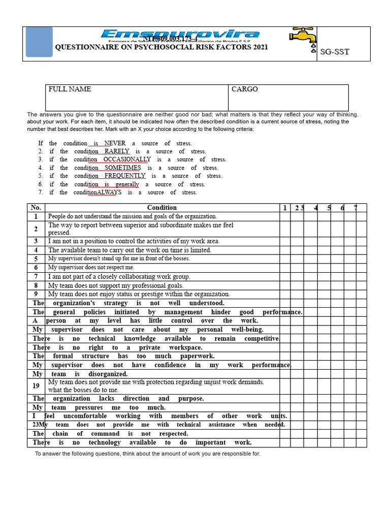 Questionnaire On Workplace Stress OIT WHO | PDF | Questionnaire ...