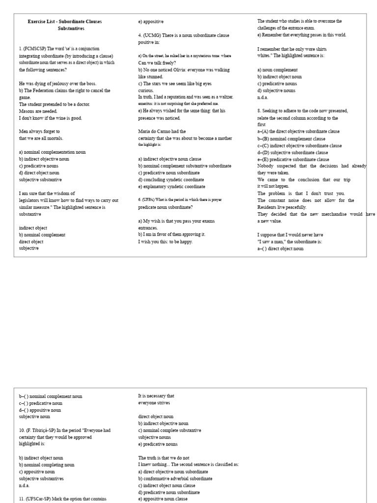 Exercise List - Substantive Subordinate Clauses 9th Grade March 10 ...