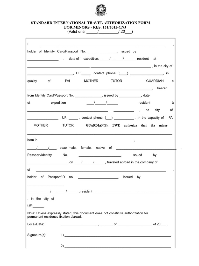 Minor International Travel Authorization Form | PDF | Identity Document ...