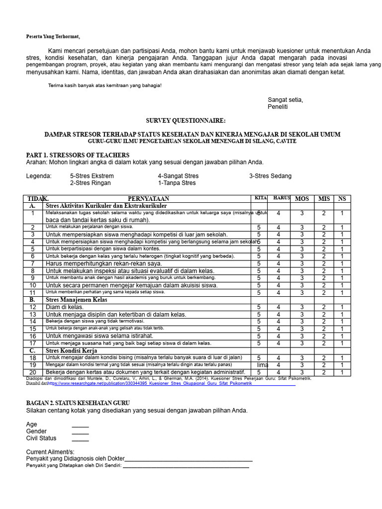 KUESIONER SURVEY STRES | PDF