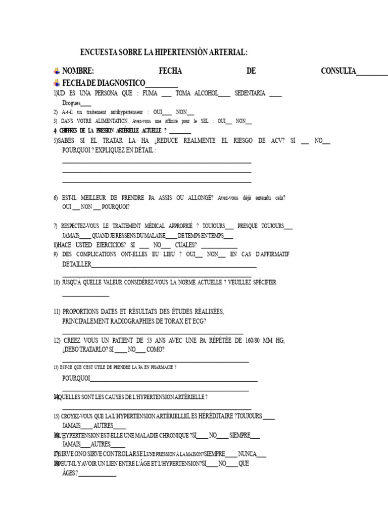Questionnaire sur l'hypertension artérielle | PDF | Hypertension ...