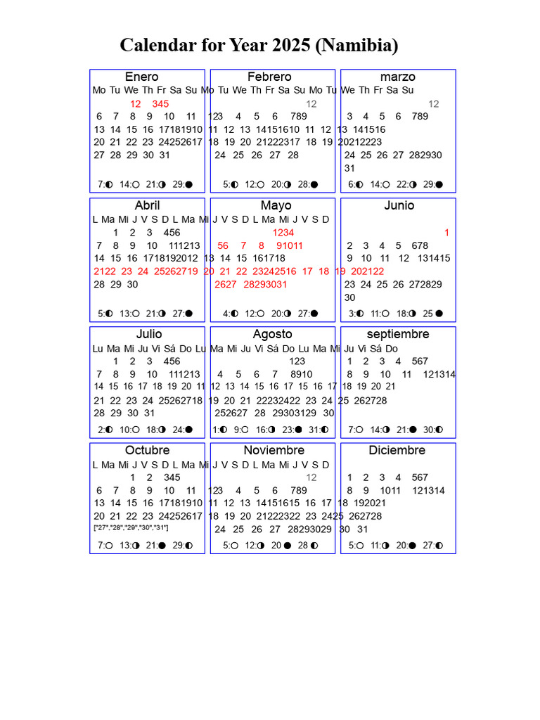 Calendario 2025 Namibia: Festivos y Meses | PDF | Tradiciones ...