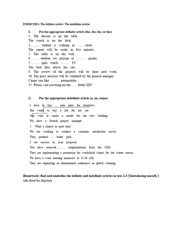 Exercises Definite - Indefinite Articles | PDF