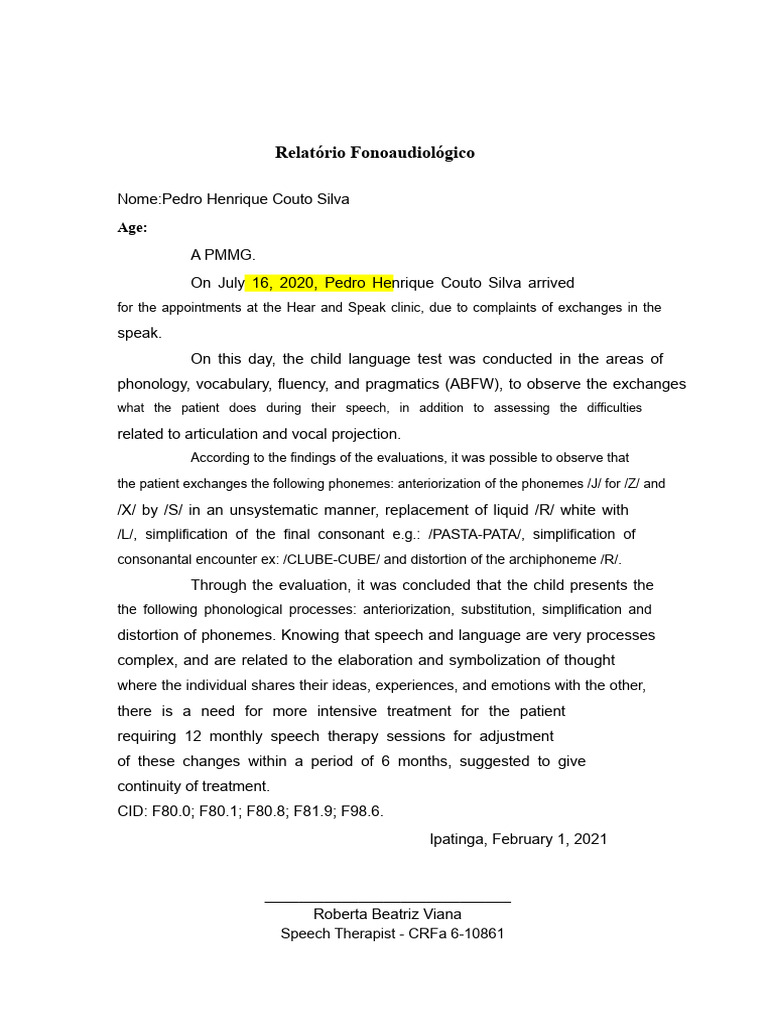 Speech Therapy Report Pedro Henrique | PDF