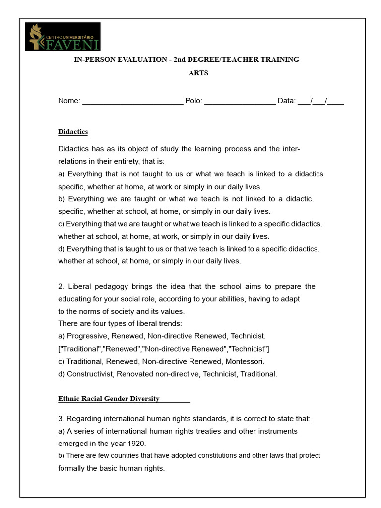 IN-PERSON ASSESSMENT - 2nd DEGREE TEACHER TRAINING - ARTS PDF | PDF ...