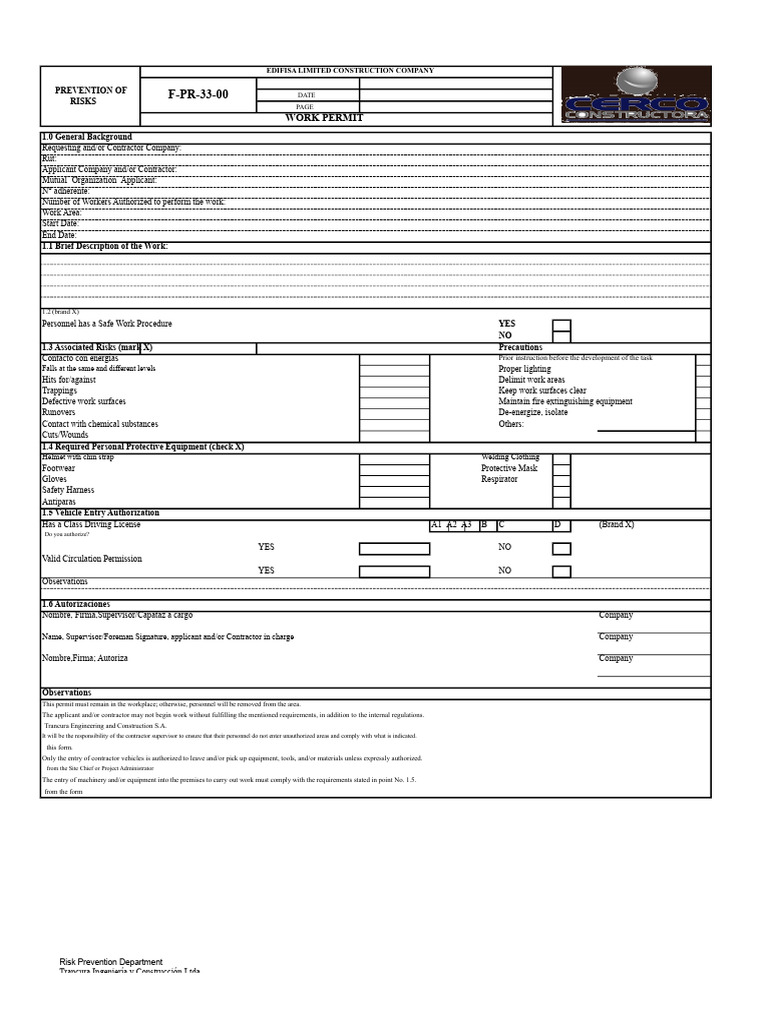 Safe Work Permit Format | PDF | Personal Protective Equipment ...