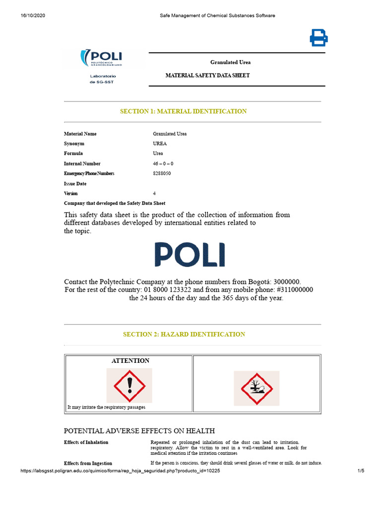 Safety Data Sheet Granulated Urea | PDF | Ammonia | Urea