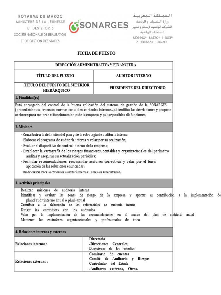 Ficha de Puesto Auditor Interno | PDF | Auditoría | Contralor