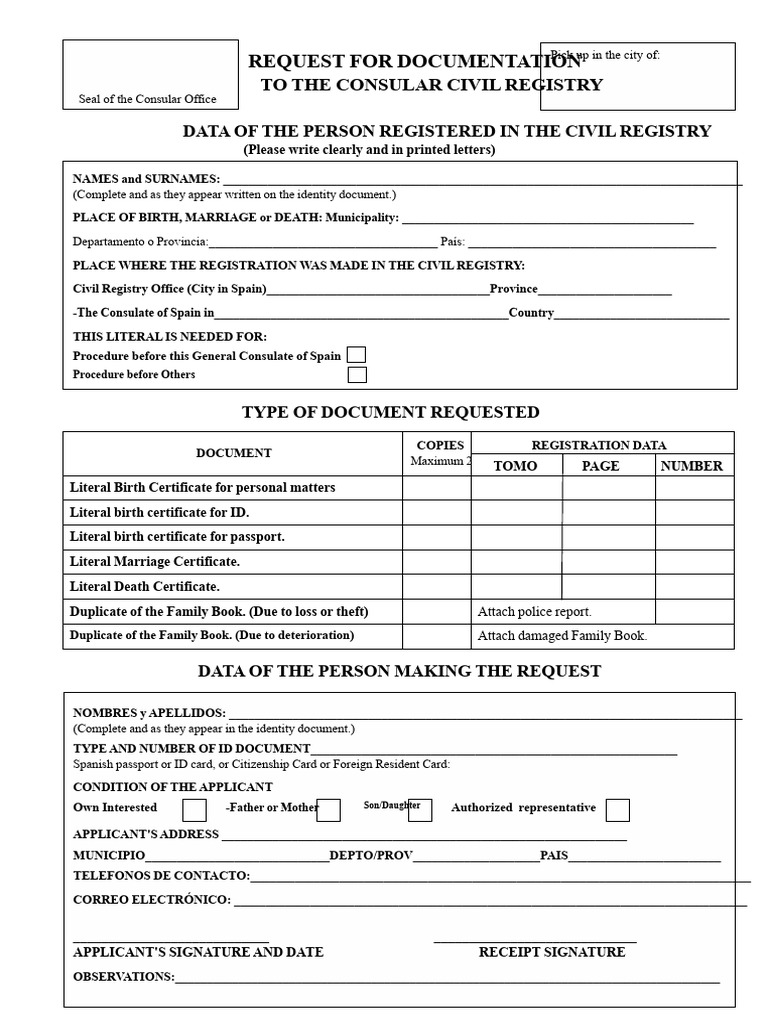 Request For Documentation To The Consular Civil Registry | PDF ...