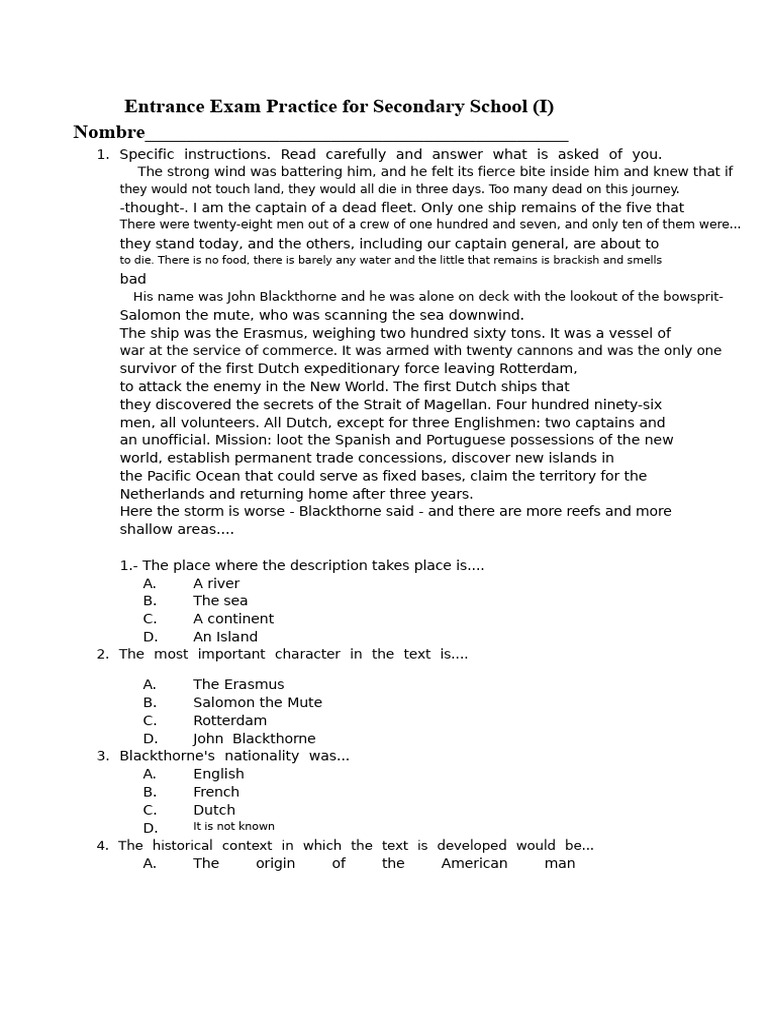 Secondary School Entrance Exam Practice | PDF