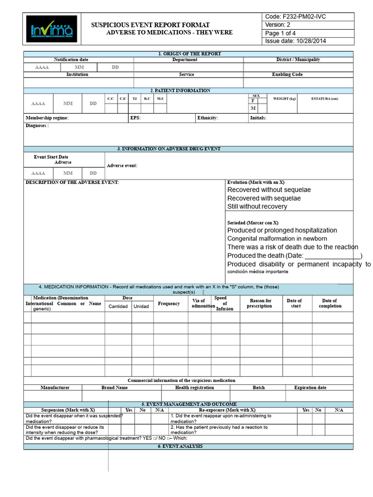 Report Format For Suspected Adverse Drug Events | PDF ...