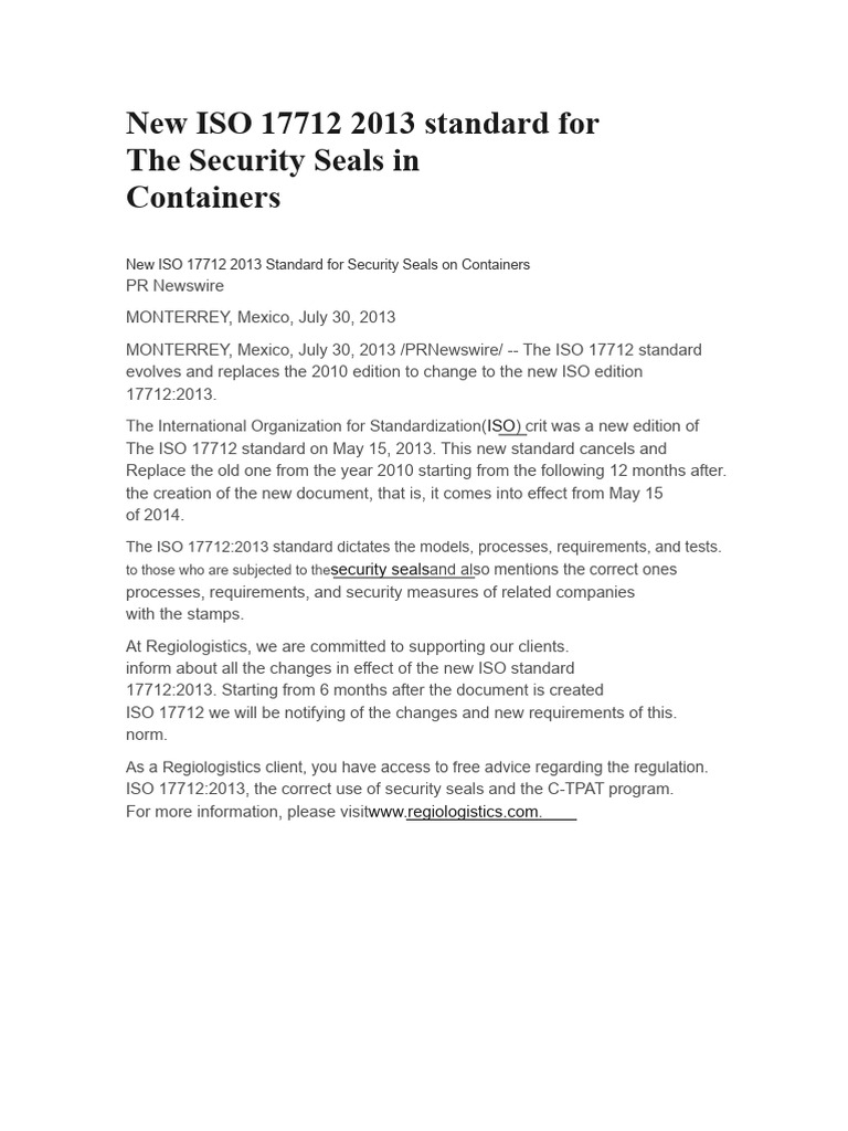 New ISO 17712 2013 Standard For Security Seals On Containers | PDF