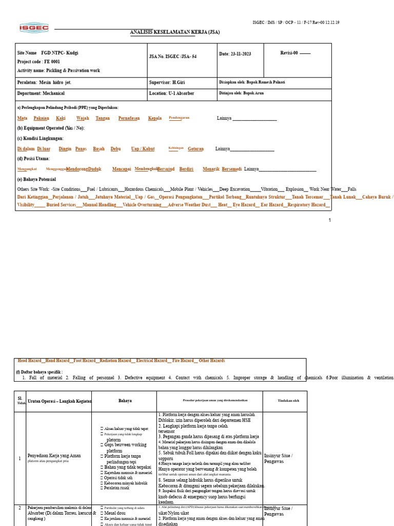 54 FGD-JSA - Pekerjaan Pengasaman & Pasivasi | PDF