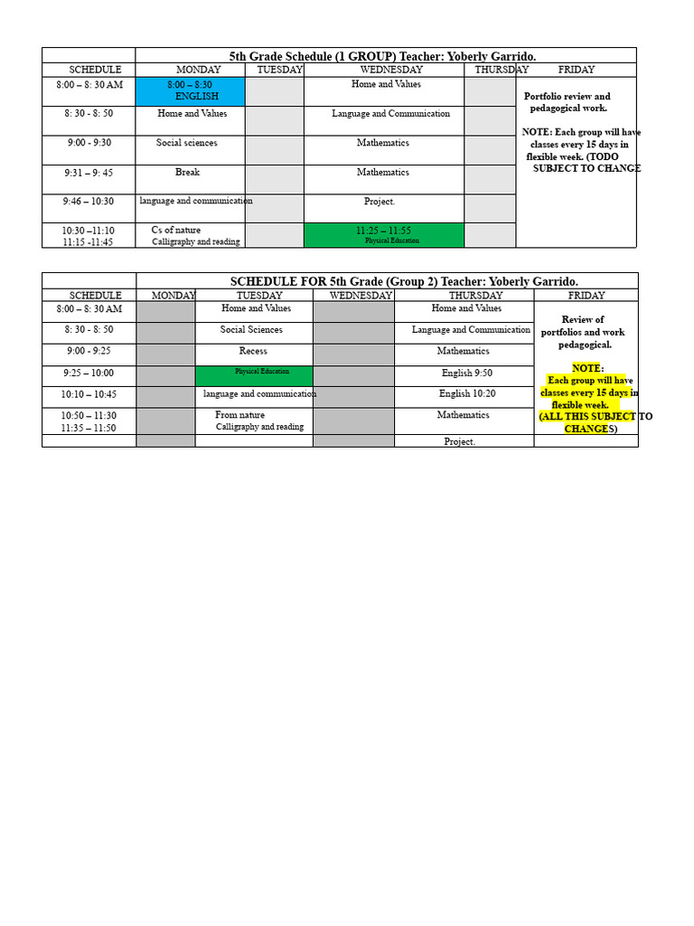 5th Grade Primary Education Class Schedule For The 2021-2022 School ...
