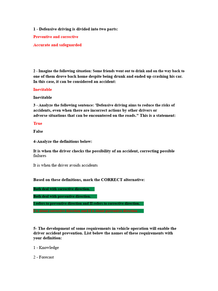 Defensive Driving Course Test | PDF