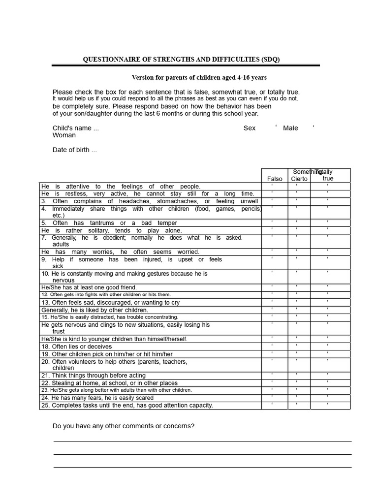 SDQ Parent Questionnaire for Ages 4-16 | PDF | Interpersonal ...