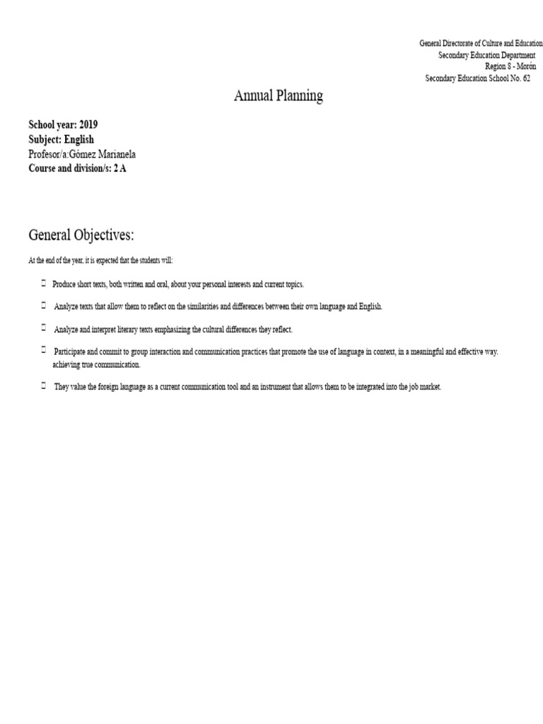 Planning English 2nd Year of Secondary School 2019 | PDF | Reading ...