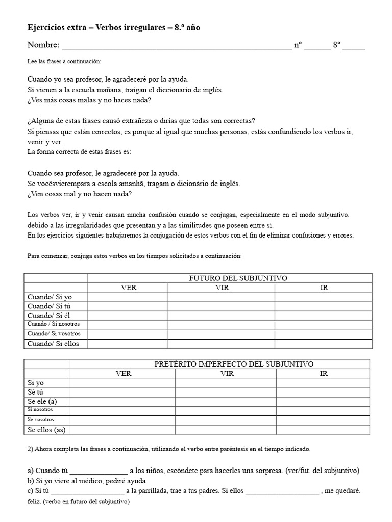 Ejercicios Extra Verbos Irregulares 8 Años | PDF | Verbo | Tipología ...