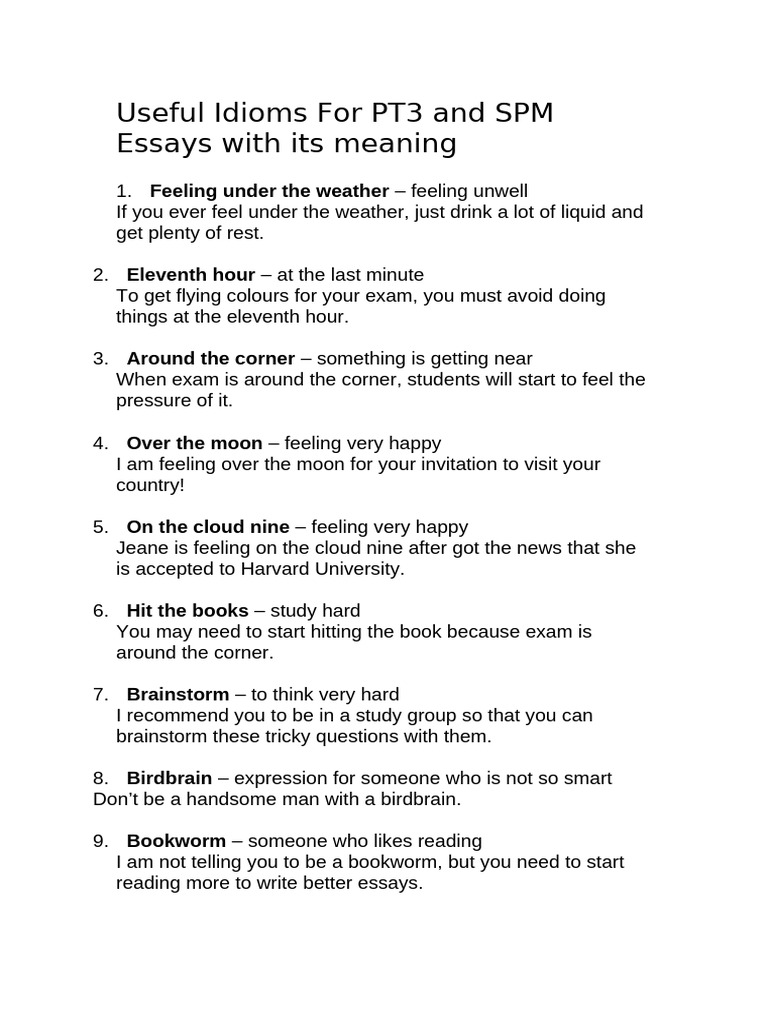 Useful Idioms For PT3 and SPM Essays With Its Mean | PDF | Mind