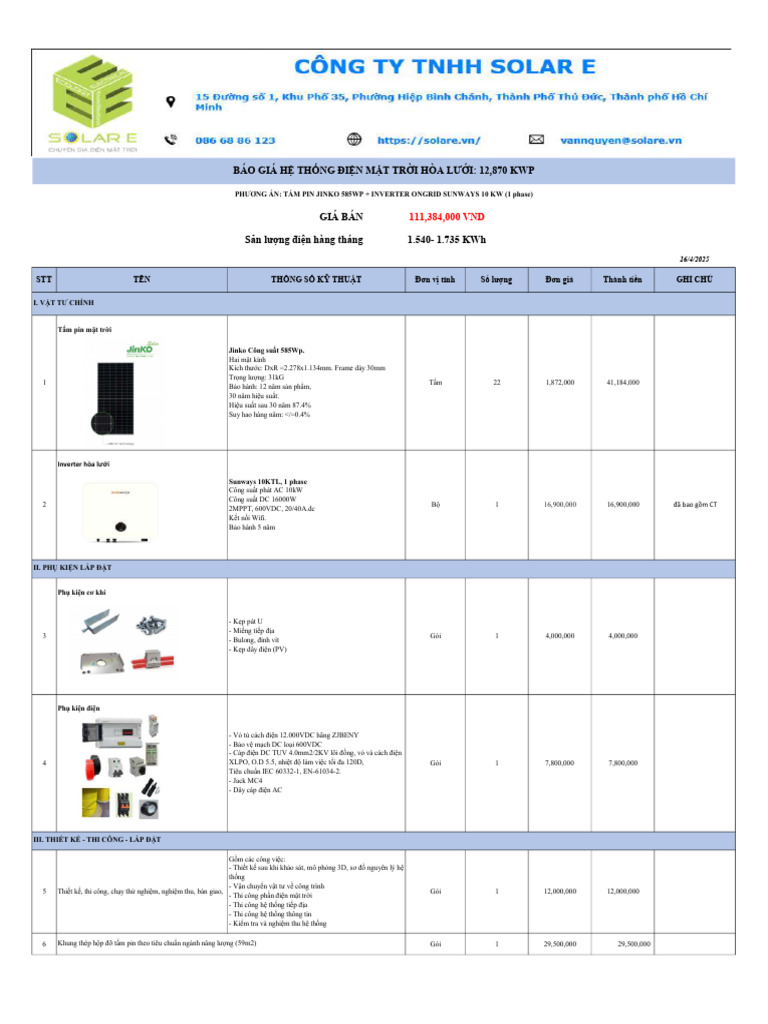 Báo Giá Hệ Hòa Lưới 22 Tấm Pin Jinko 585wp + Biến Tần Sunways 10kw (1phase) Mái Bằng Ngày 16.4. ...