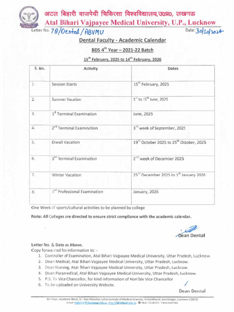 BDS 4th Year Academic Calender For 2024-25 | PDF