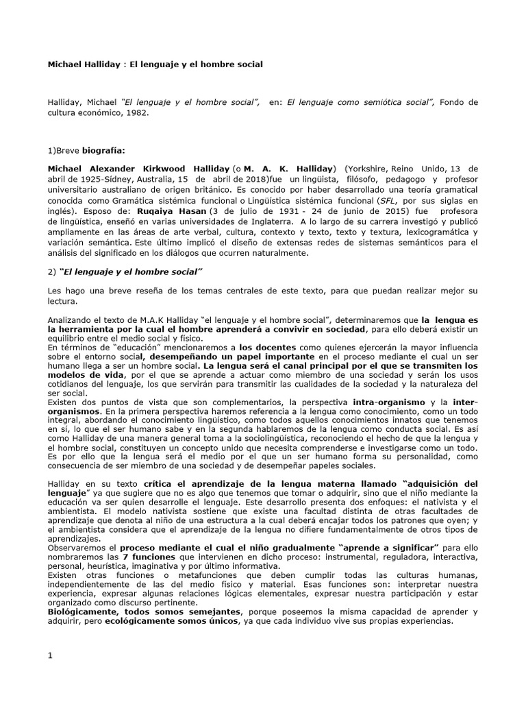 Michael Halliday El Lenguale y El Hombre Social (2) | PDF | Aprendizaje ...