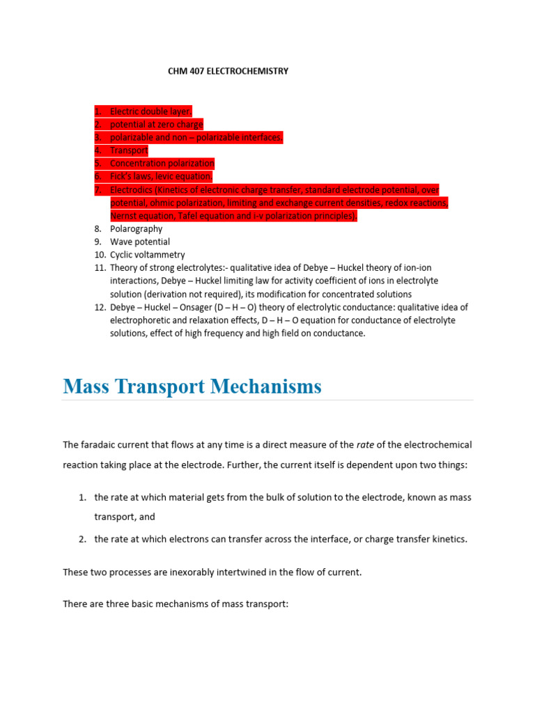 Electrochemistry: Mass Transport Mechanisms | PDF | Diffusion | Flux