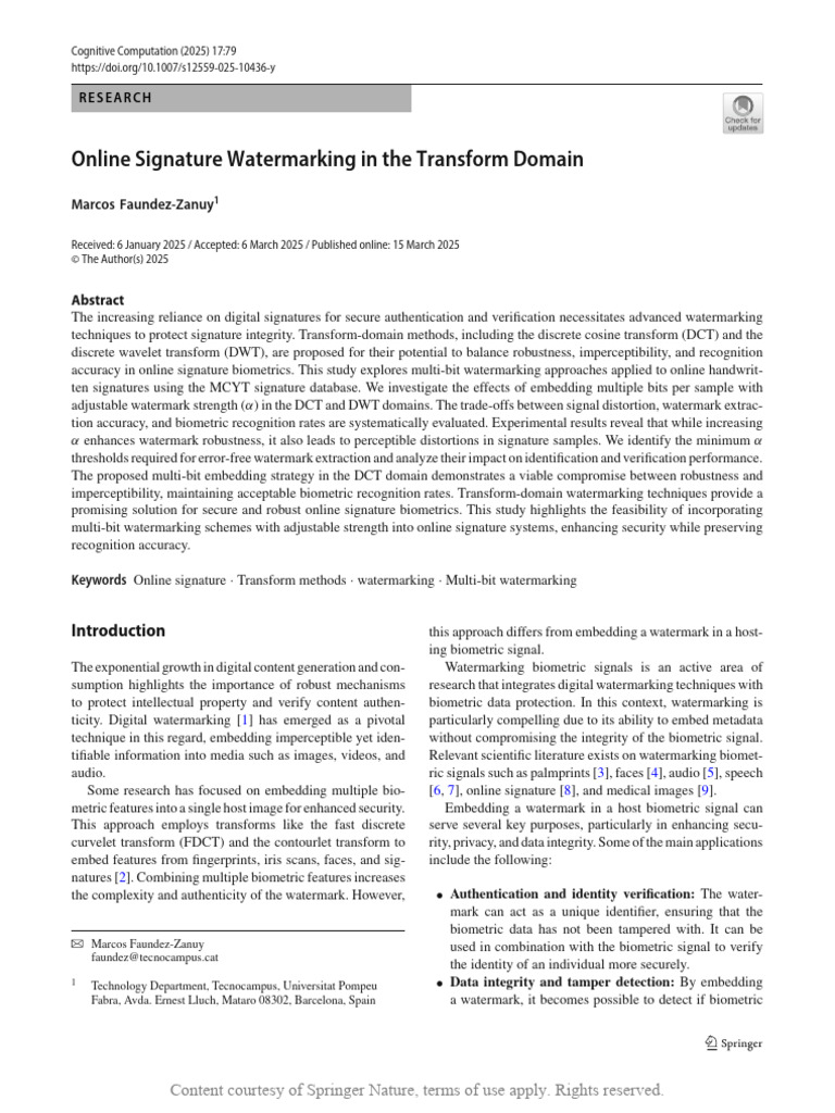 Online Signature Watermarking Techniques | PDF | Biometrics | Wavelet