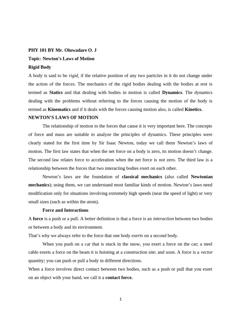 PHY 101 Newton's Laws of Motion. | PDF | Force | Newton's Laws Of Motion