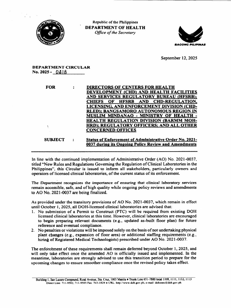 DOh Circular 2025-0418 Status of Enforcement of Administrative Order No ...