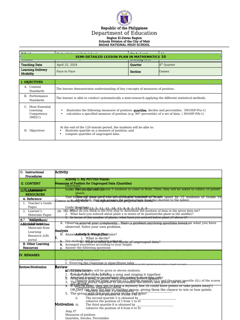 Semi Detailed Lesson Plan Math 10 Quartiles | PDF | Quartile | Learning