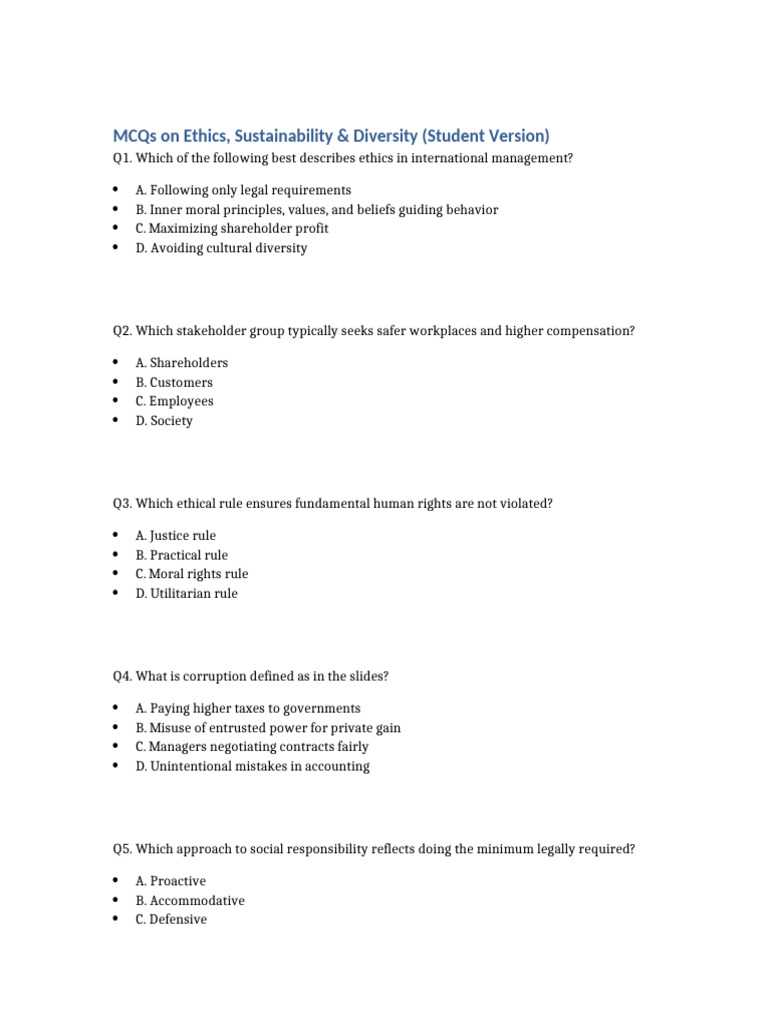 Ethics, Sustainability & Diversity MCQs | PDF | Business Ethics ...