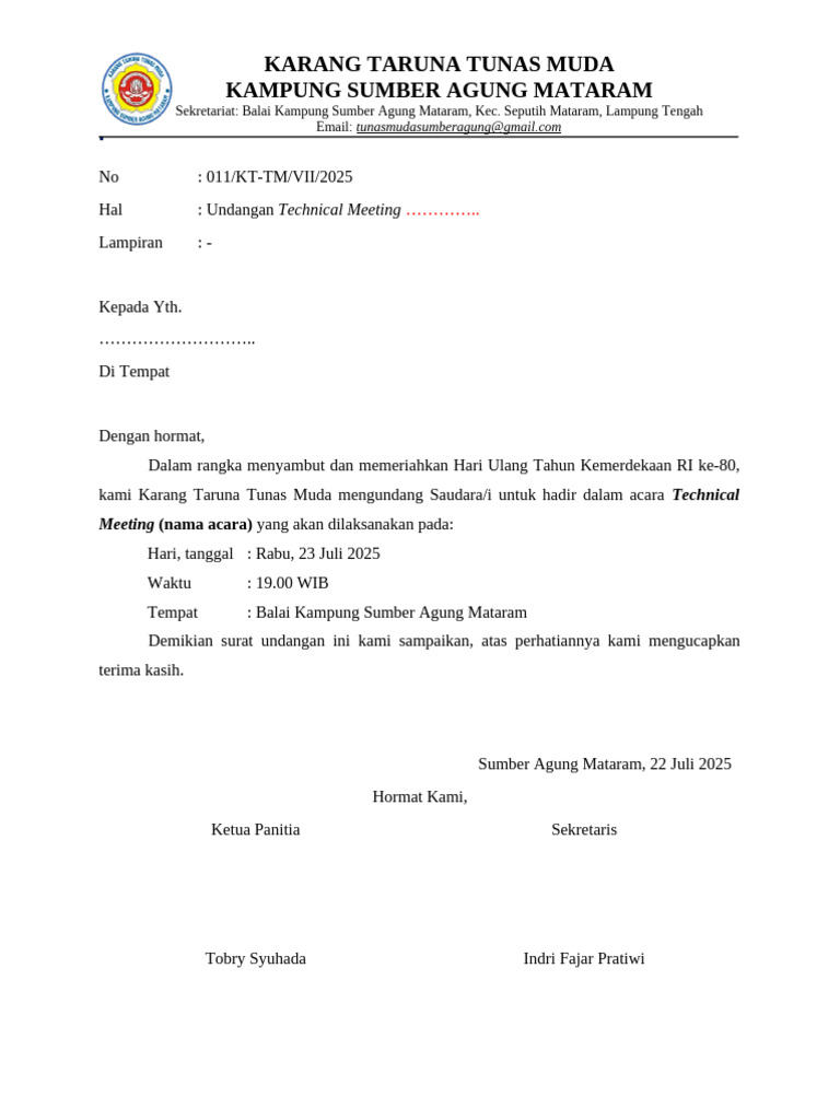011 - Undangan Technical Meeting Hut Ri 80 (Kadus) | PDF