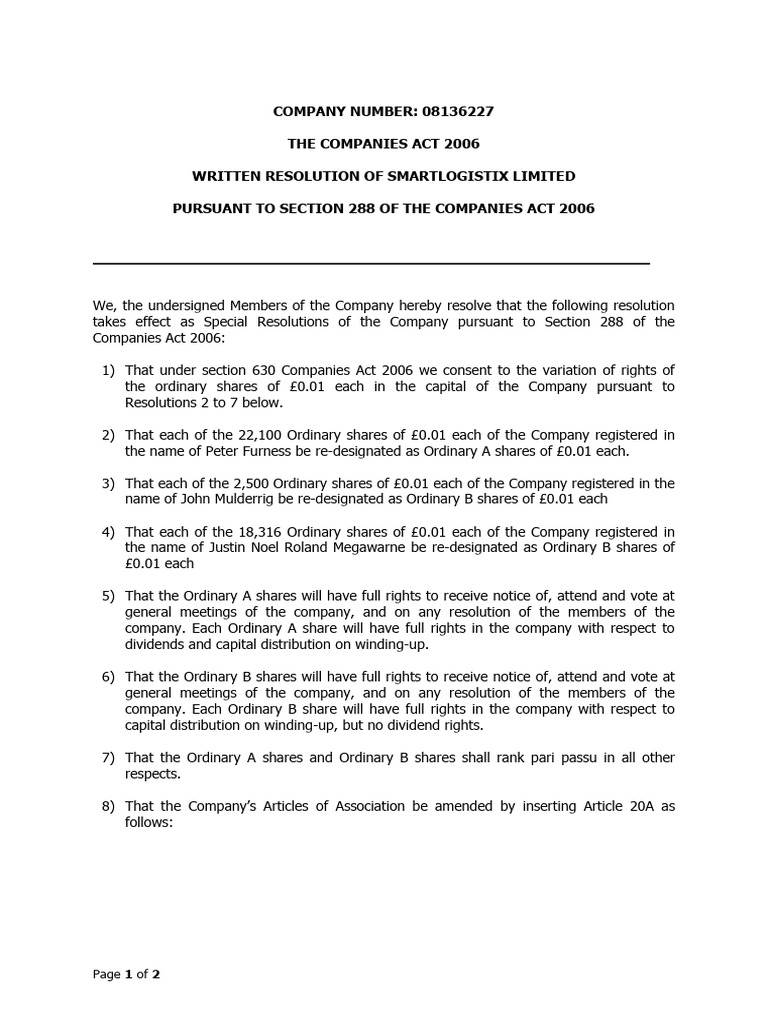 2 Written Special Resolution | PDF | Corporations | Legal Documents