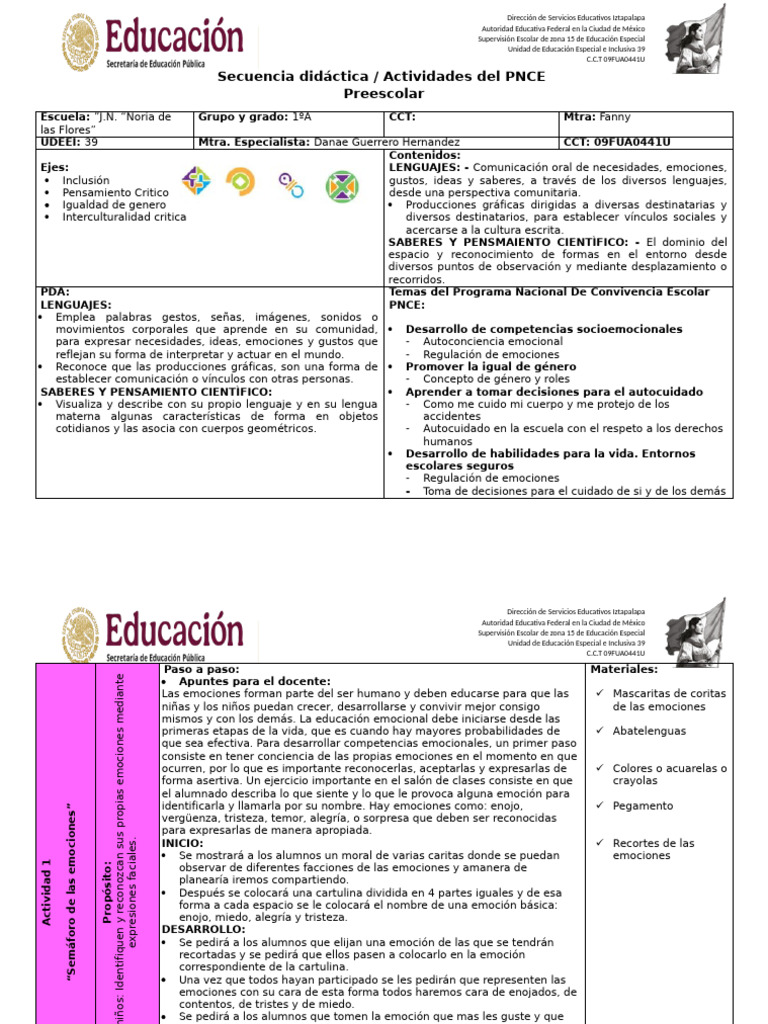 Actividades Del PNCE | PDF | Las emociones | Educación especial