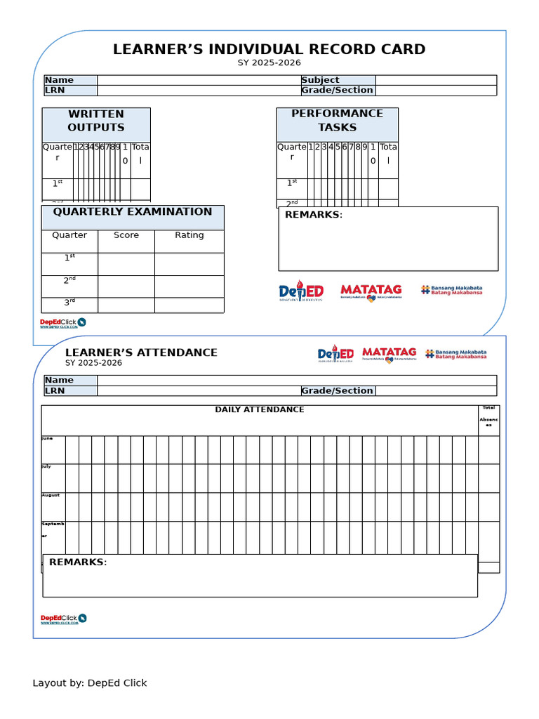 Learner's Record Card Template 2025-2026 | PDF