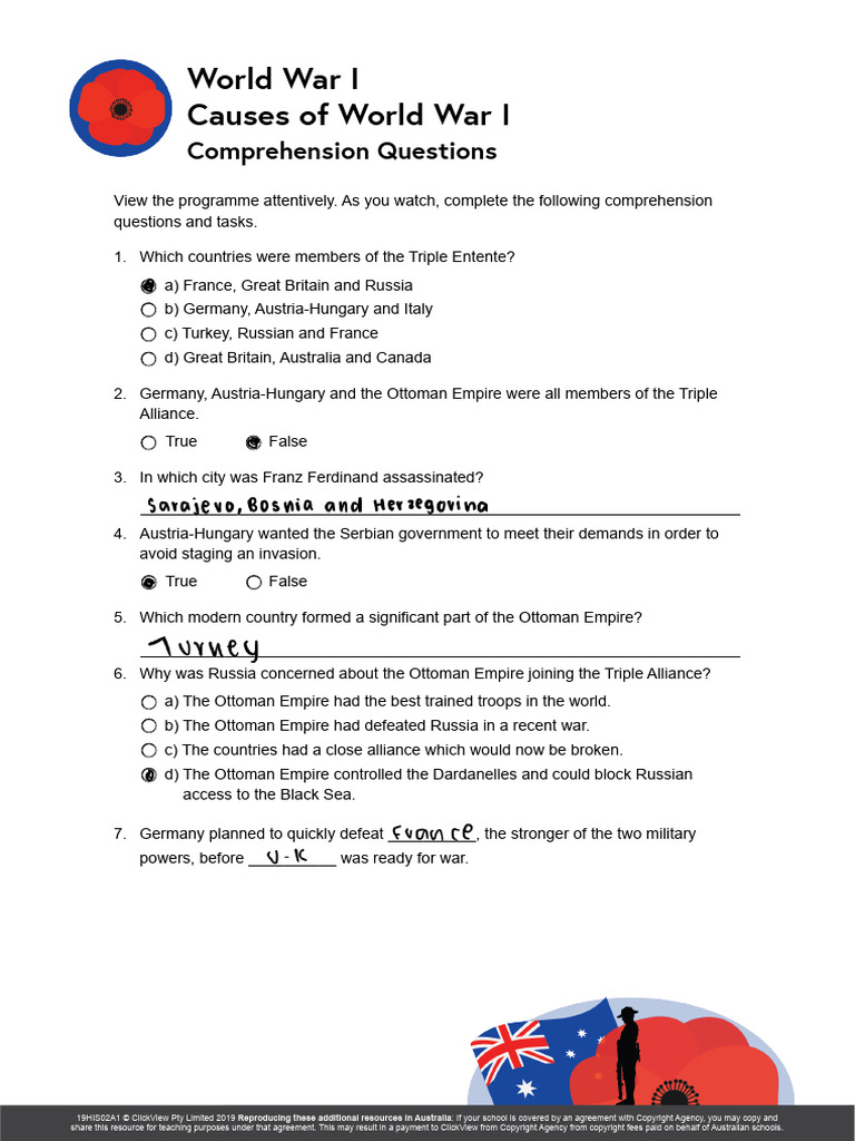 Causes of World War I: Comprehension Guide | PDF | World War I ...