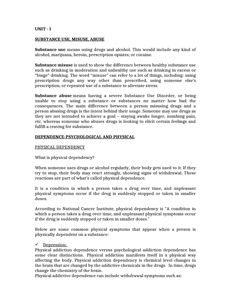 Unit 1 Substance Use | PDF | Substance Abuse | Substance Dependence