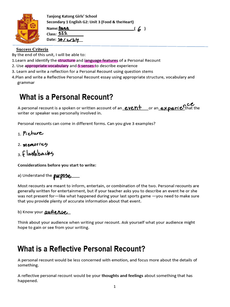 Reflective Personal Recount Guide | PDF | Senses