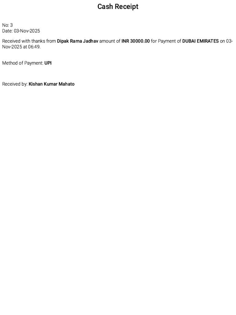 Cash Receipt for Dubai Emirates Payment | PDF