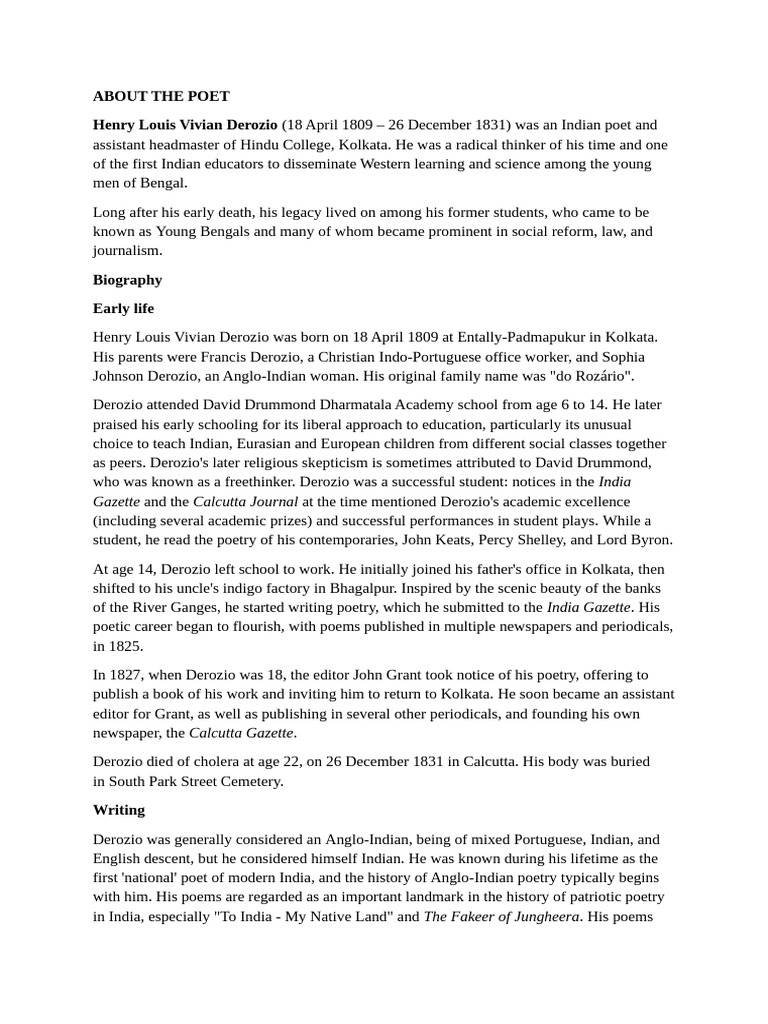 Derozio's 'To India – My Native Land' Analysis | PDF | Poetry ...